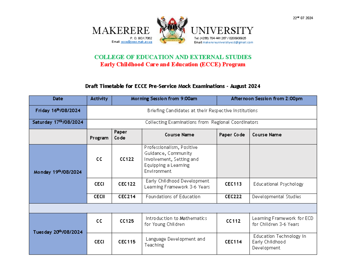 Draft Timetable for Pre-service Mock Examinations- 2024 - 22 nd 07 ...