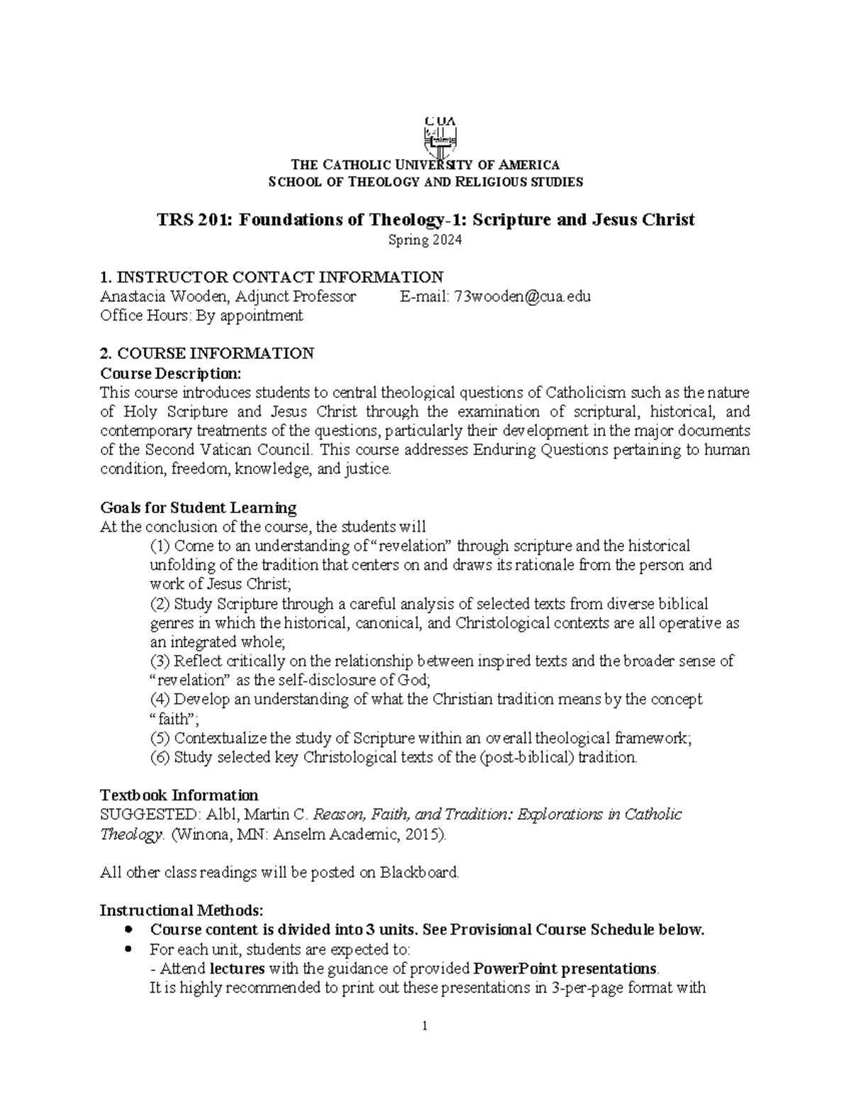 TRS 201-S24 Syllabus - THE CATHOLIC UNIVERSITY OF AMERICA SCHOOL OF ...