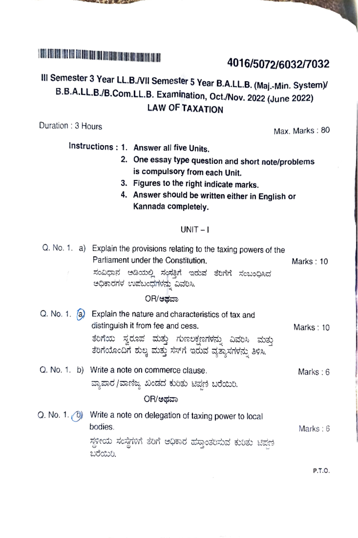 Law of Taxation Question paper june 2022 - IlI Semester 3 Year LL/VII ...