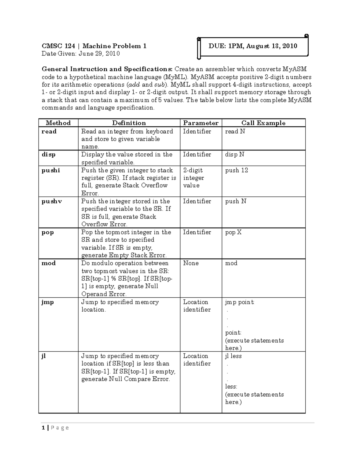 Cmsc 124 Mp1 Specs Updated Cmsc 124 Machine Problem 1 Due 1pm August 13 2010 Date Given