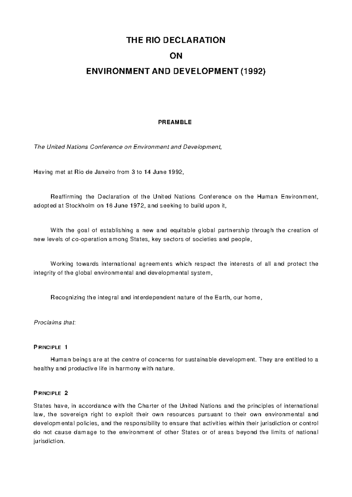 RIO Declaration on environment & development - THE RIO DECLARATION ON ...