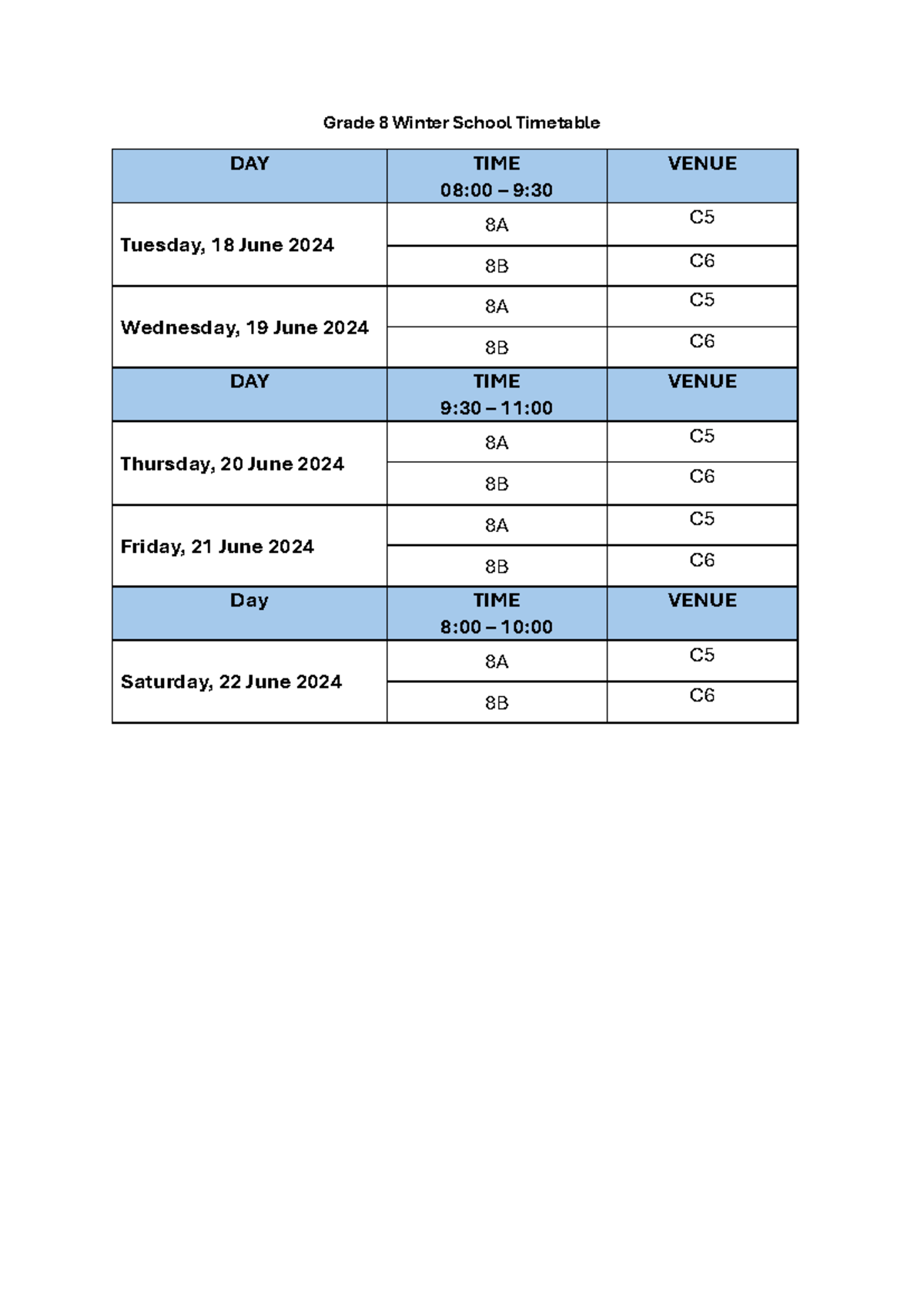 Grade 8 Winter School Timetable - Grade 8 Winter School Timetable DAY ...