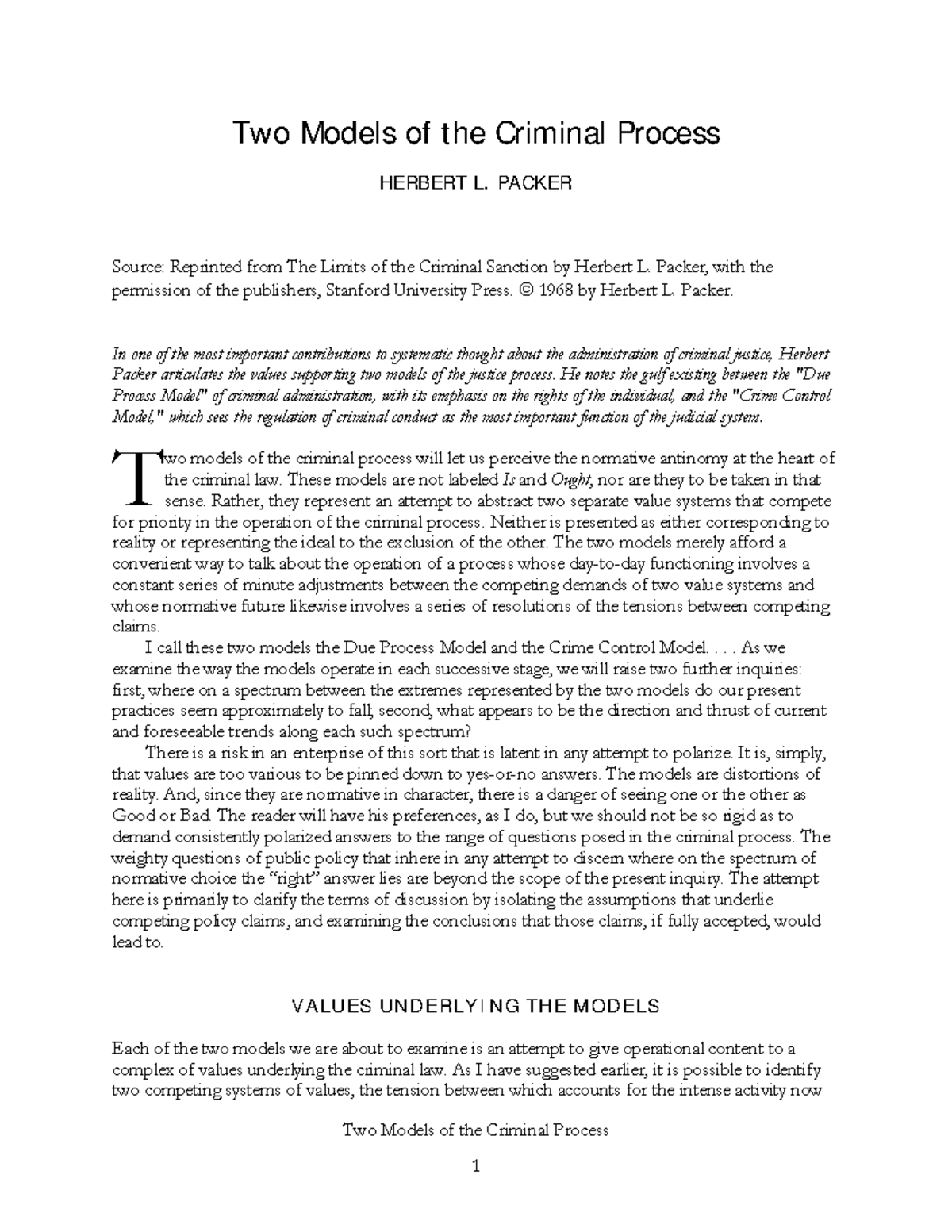 Packer Due Process reading - Two Models of the Criminal Process HERBERT ...
