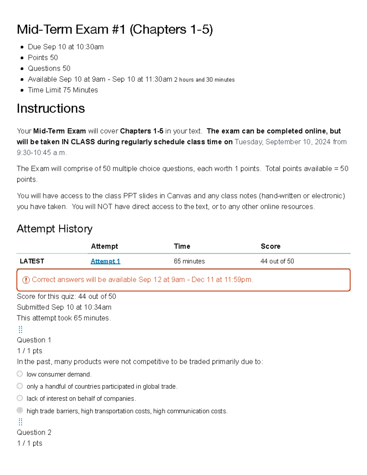 Mid-Term Exam #1 - Mid-Term Exam #1 (Chapters 1-5) Due Sep 10 at 10 ...