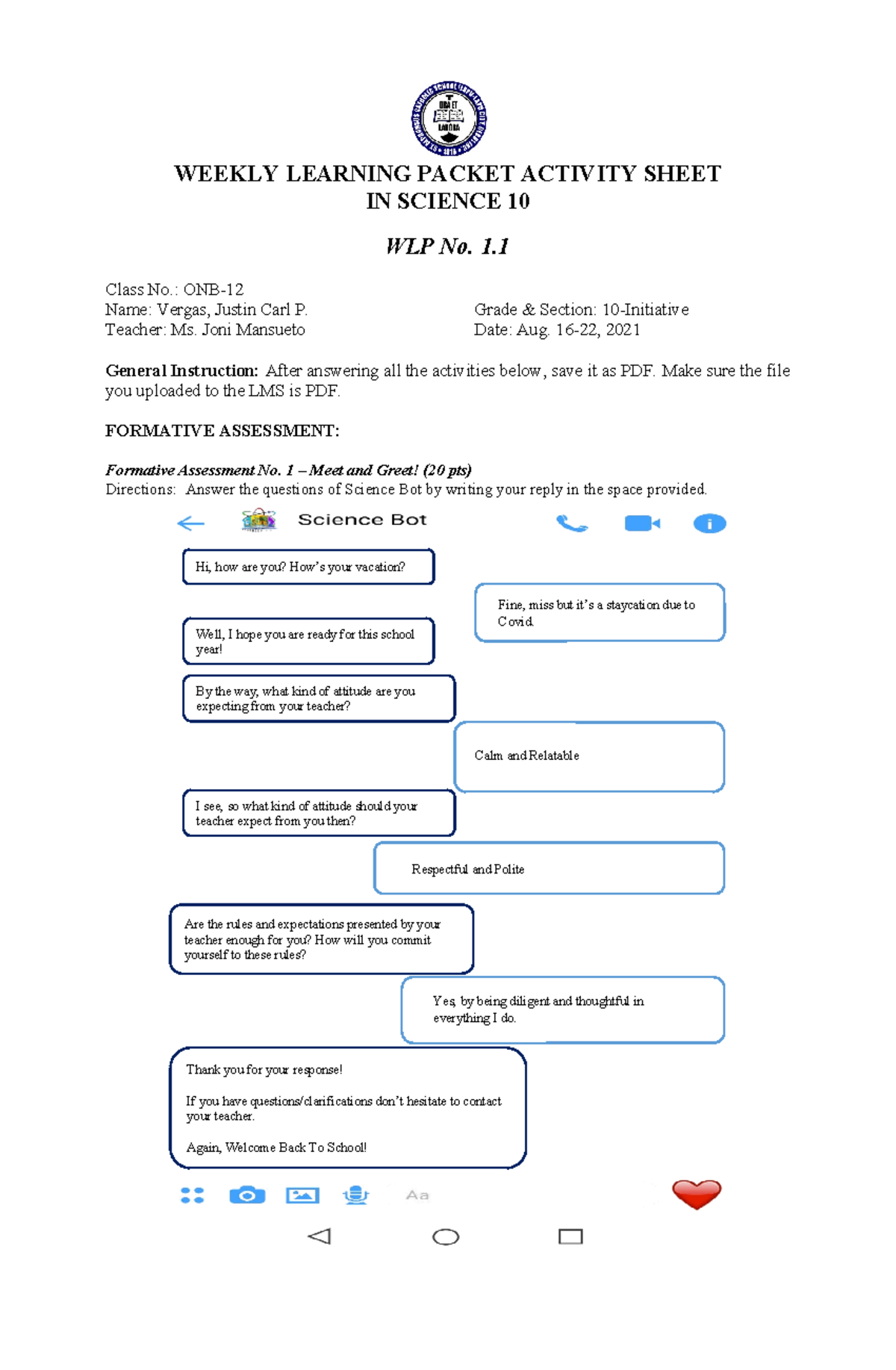 Activities for WLP 1 - qwe - WEEKLY LEARNING PACKET ACTIVITY SHEET IN ...