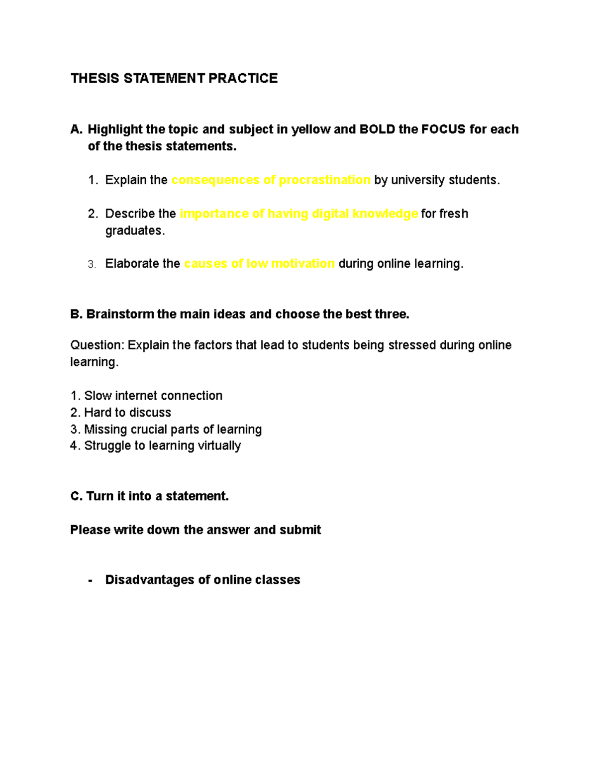 Ilham haiqal - Thesis Statement Practice - THESIS STATEMENT PRACTICE A ...