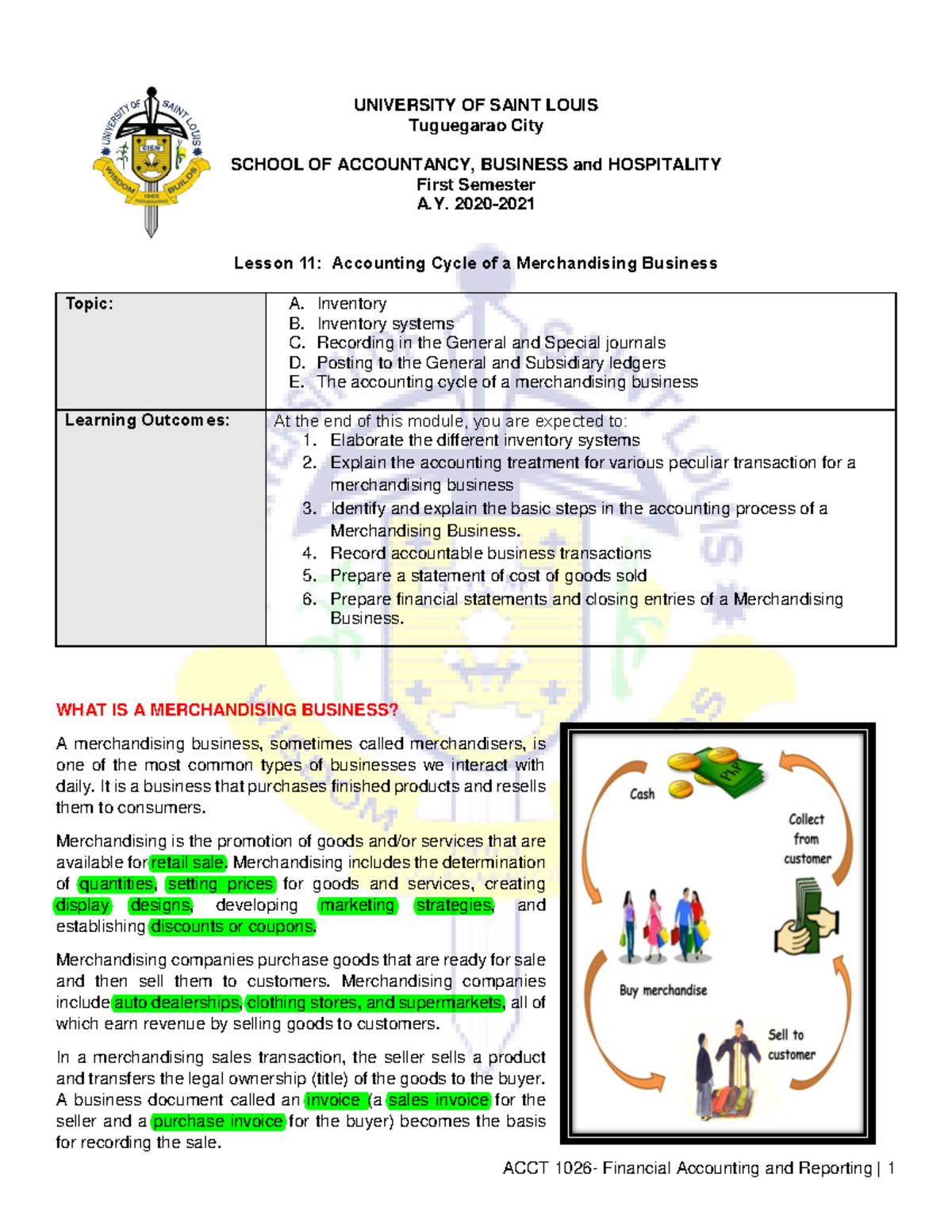 ACCT 1026 Lesson 11 - FAR - UNIVERSITY OF SAINT LOUIS Tuguegarao City ...
