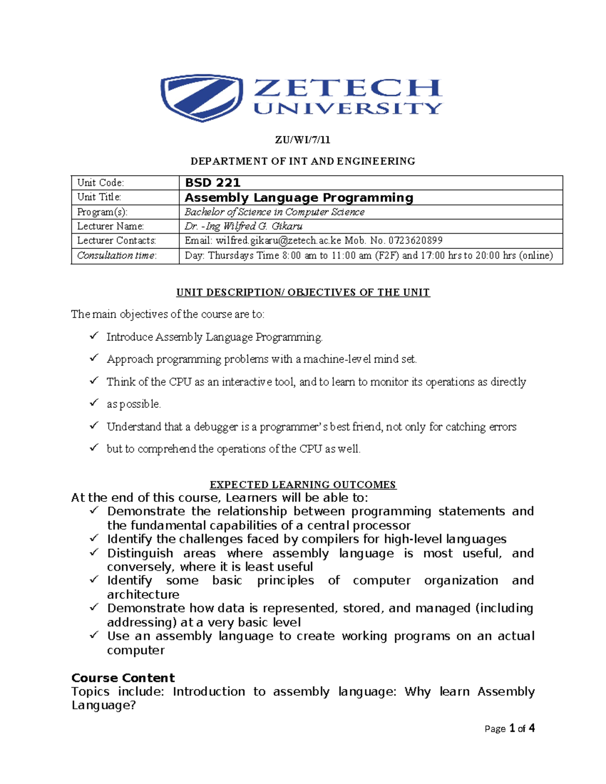 Course Outline Assembly Language Programming - ZU/WI/7/ DEPARTMENT OF ...