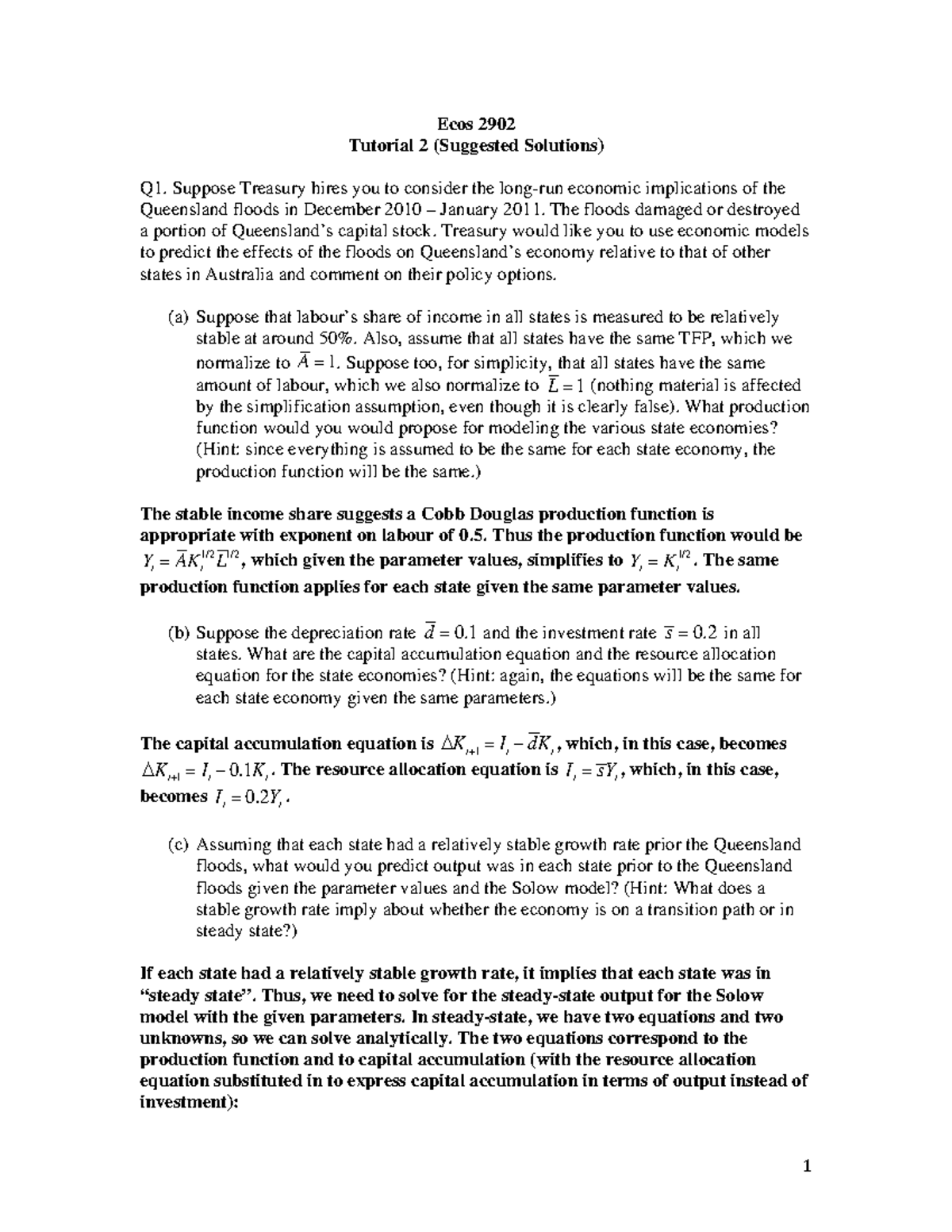 Tutorial 2 Solutions - Ecos 2902 Tutorial 2 (Suggested Solutions) Q1 ...