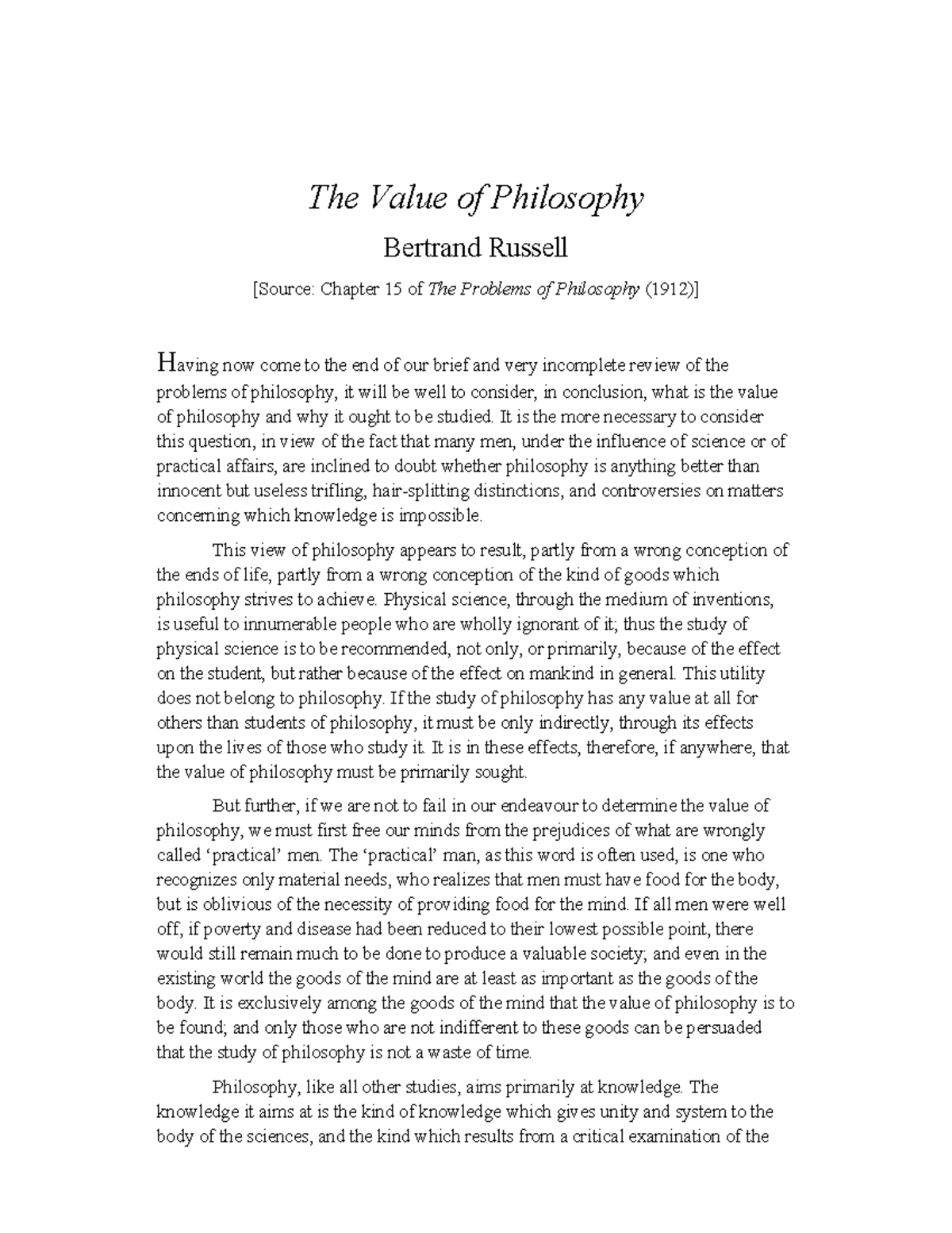 Russell - The Value of Philosophy - The Value of Philosophy Bertrand ...