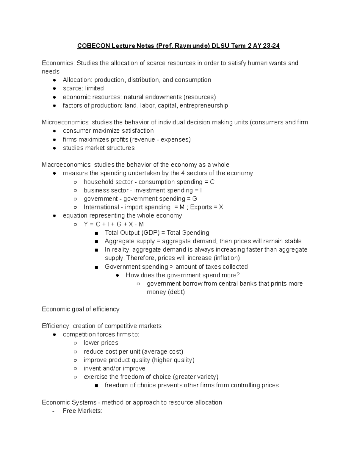 COBECON Lecture Notes - Raymundo) DLSU Term 2 AY 23- Economics: Studies ...