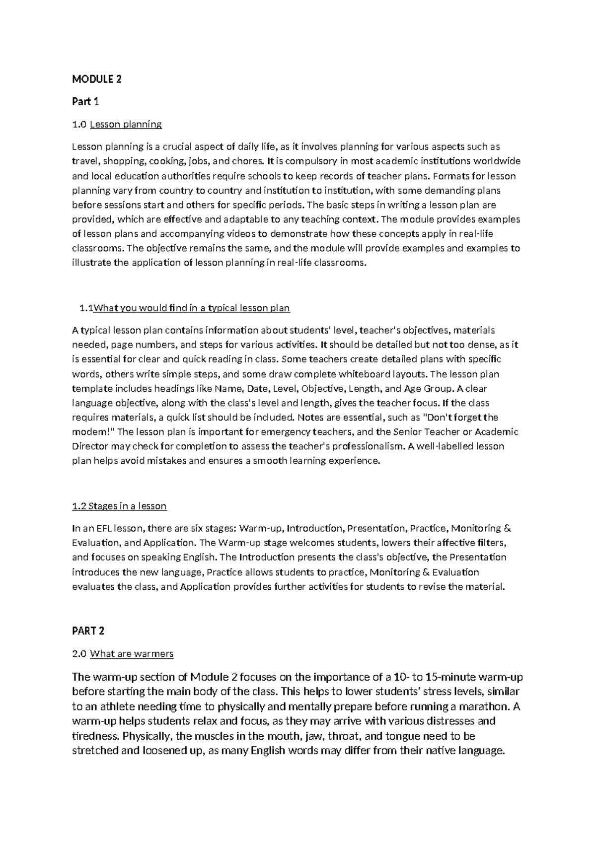 Module 2 - tefl - MODULE 2 Part 1 1 Lesson planning Lesson planning is ...