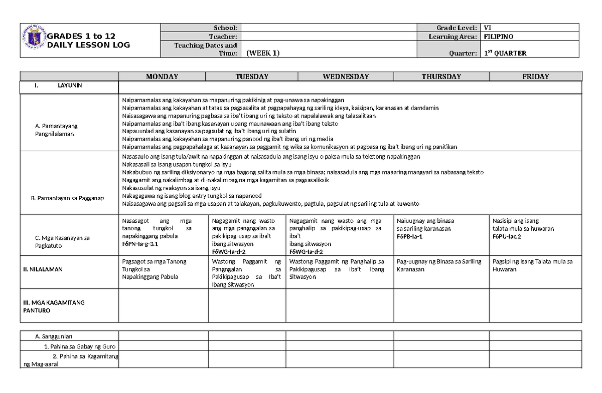 Filipino DLL - DLL FOR LESSON PLAN - GRADES 1 to 12 DAILY LESSON LOG ...