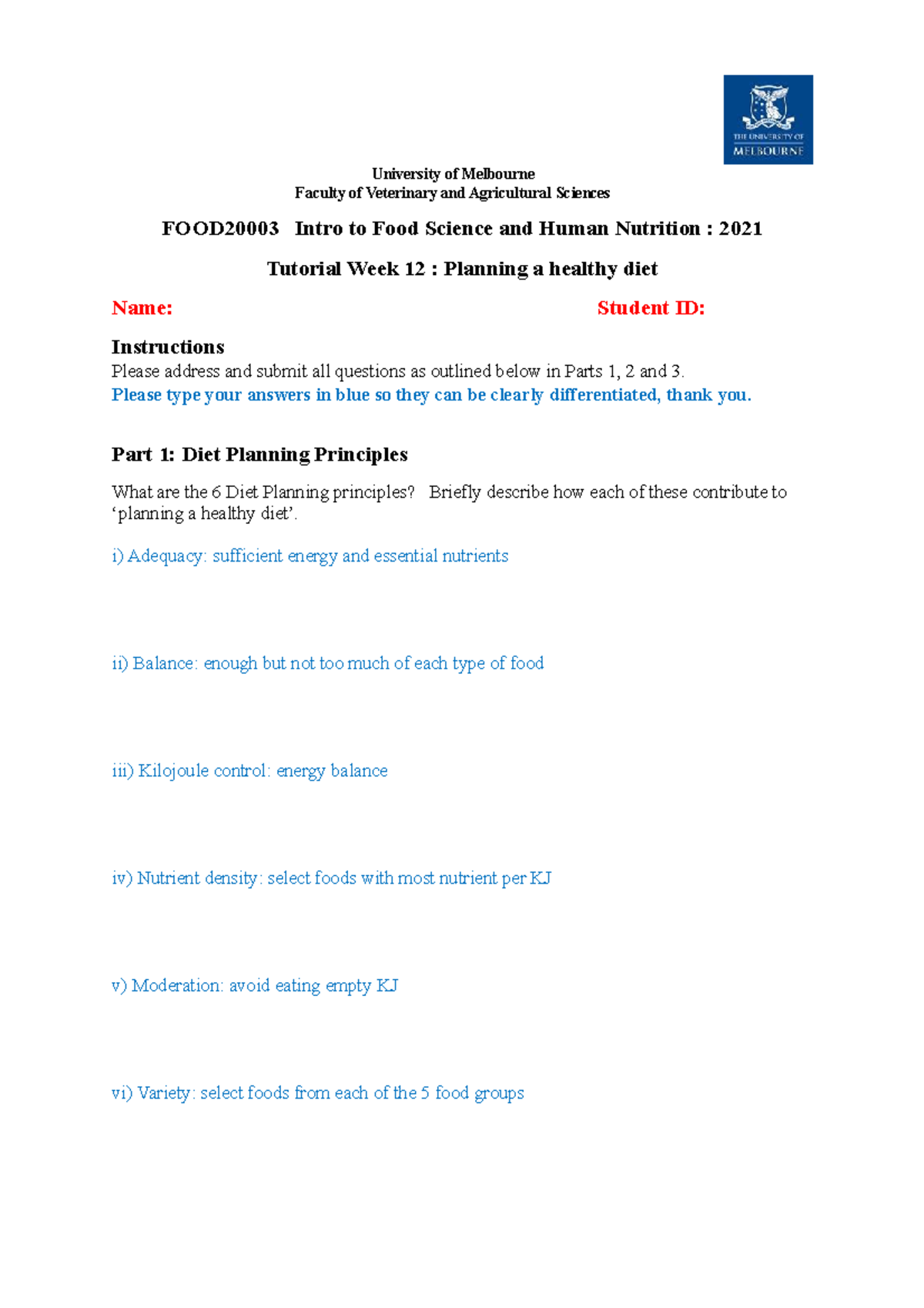 Tutorial Week 12 Activity sheet Planning a heathy diet - University of ...