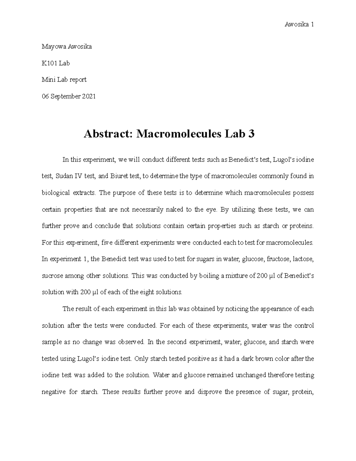 Abstract Macromolecules Lab 3 - Awosika 1 Mayowa Awosika K101 Lab Mini ...
