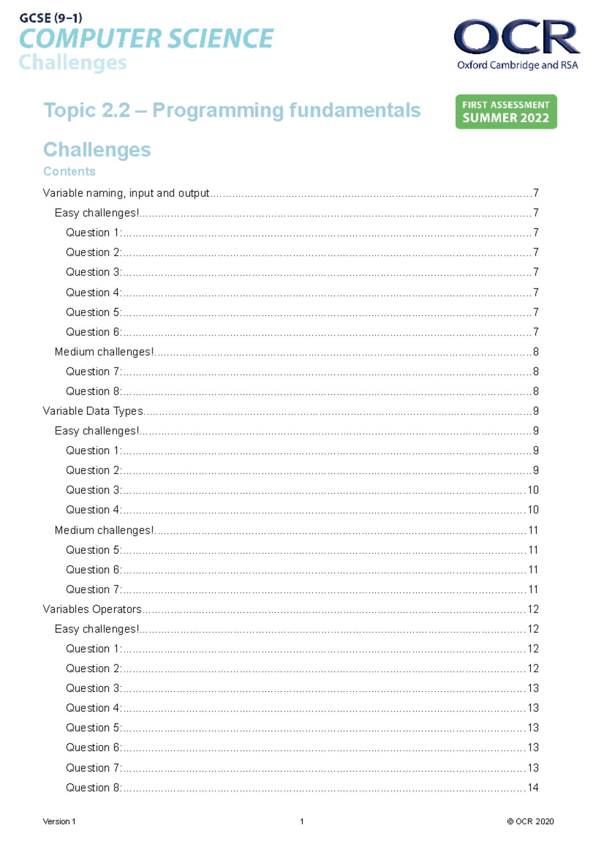 30 Programming techniques Challenges v1 - Topic 2 – Programming fundamentals Challenges Variable ...