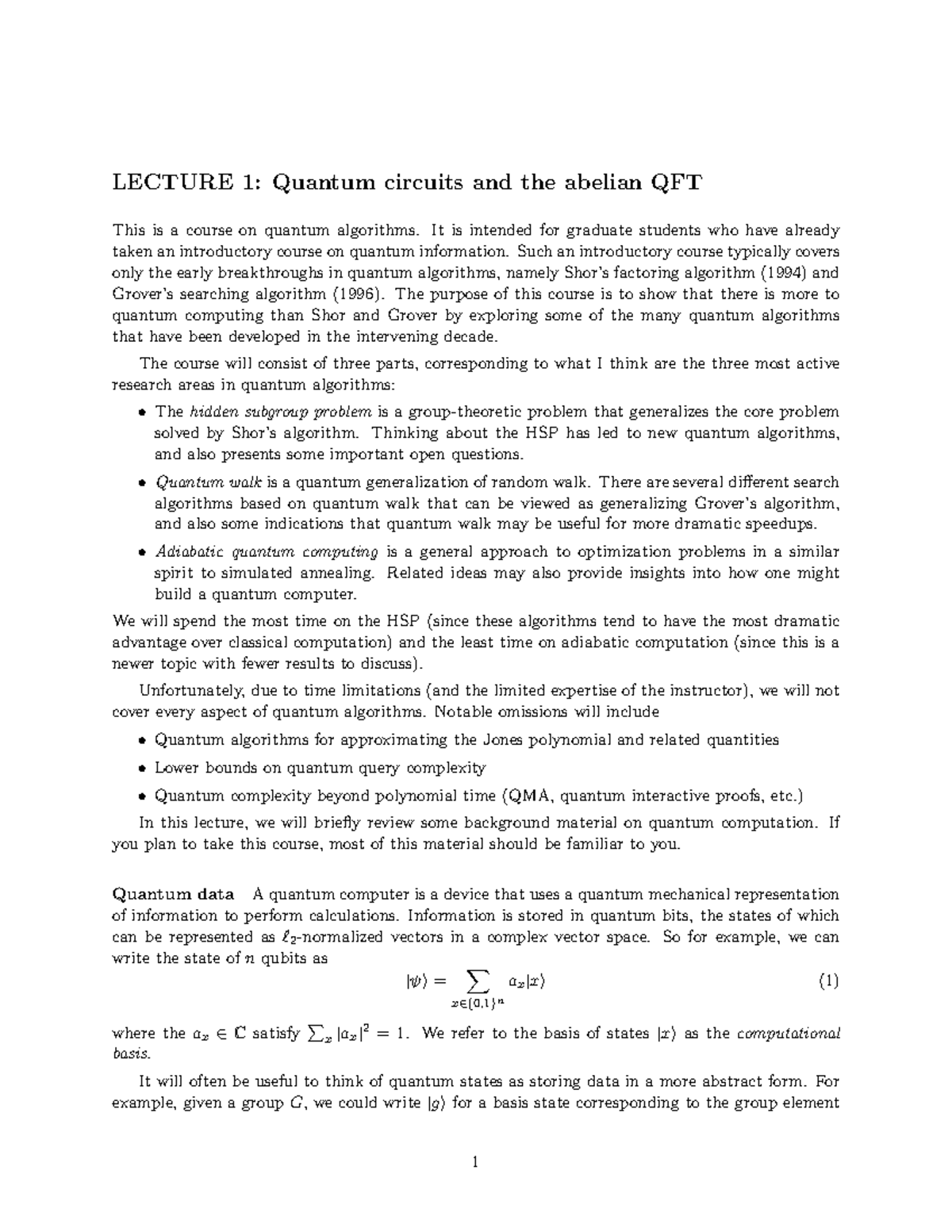CHAPTER 1: Quantum circuits and the abelian QFT - Quantum algorithms ...