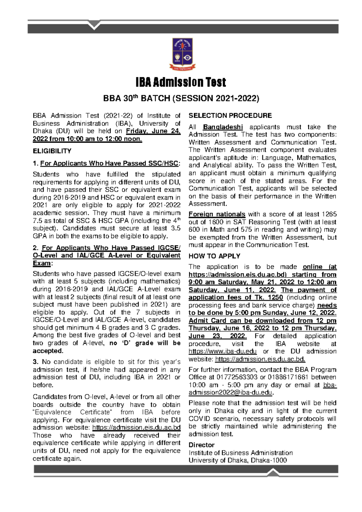 BBA Final AD ( 2021-22) BBA Admission - IBA Admission Test BBA 30 th ...