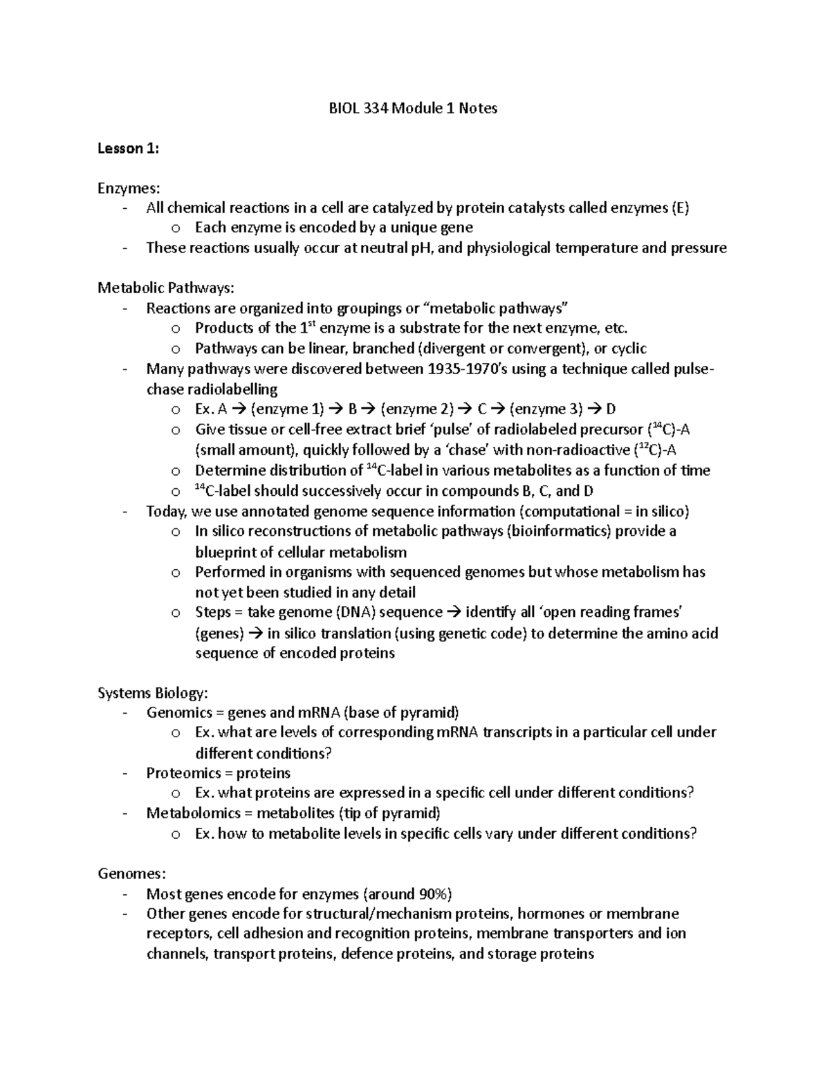 BIOL 334 Module 1 Notes - BIOL 334 Module 1 Notes Lesson 1: Enzymes ...