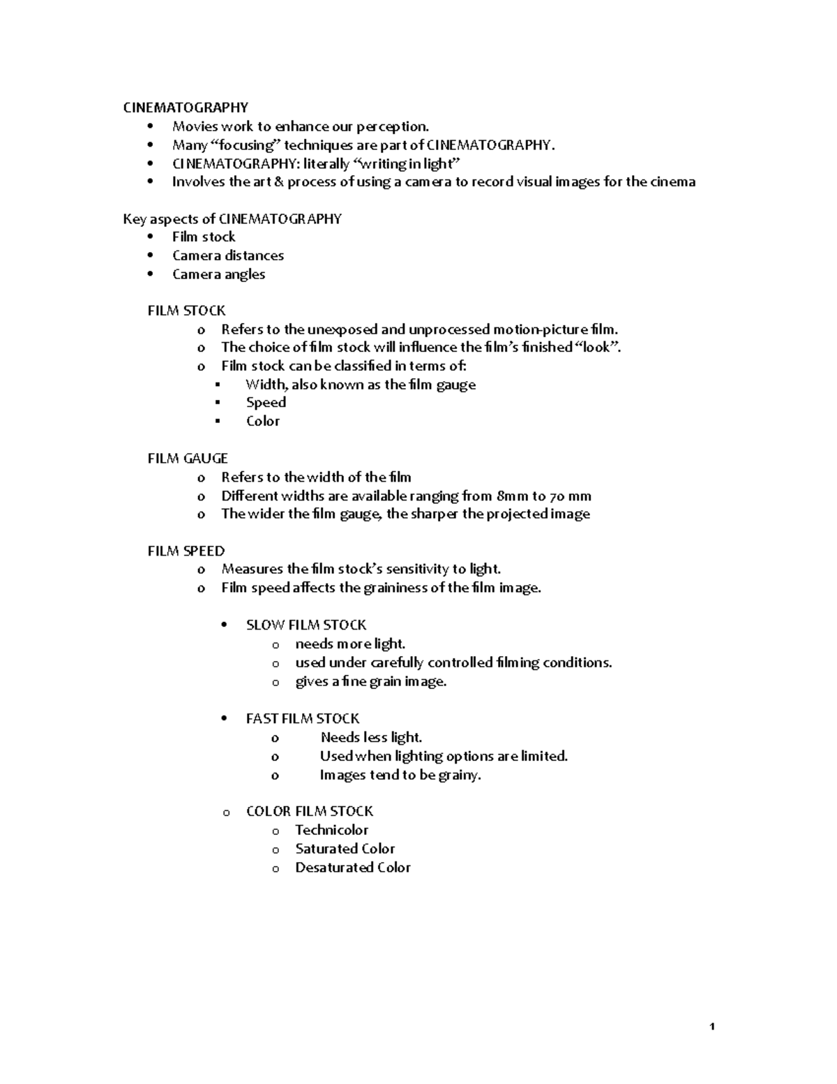 Lecture notes: Cinematography - CINEMATOGRAPHY Movies work to enhance ...