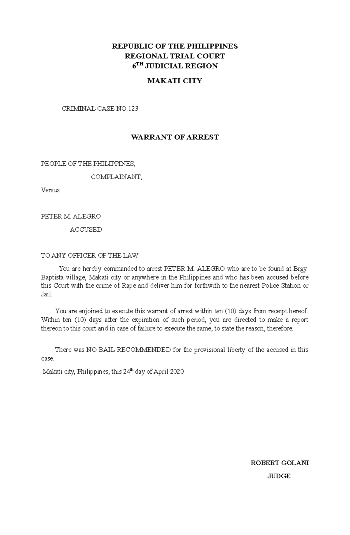 Warrant OF Arrest - REGIONAL TRIAL COURT 6 TH JUDICIAL REGION MAKATI ...