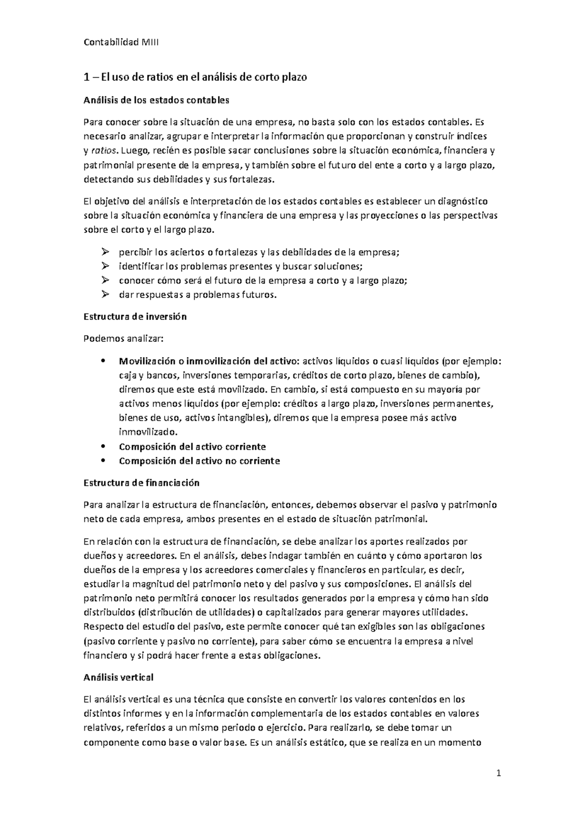 Resumen Contabilidad MIII - 1 – El uso de ratios en el análisis de corto plazo Análisis de los ...