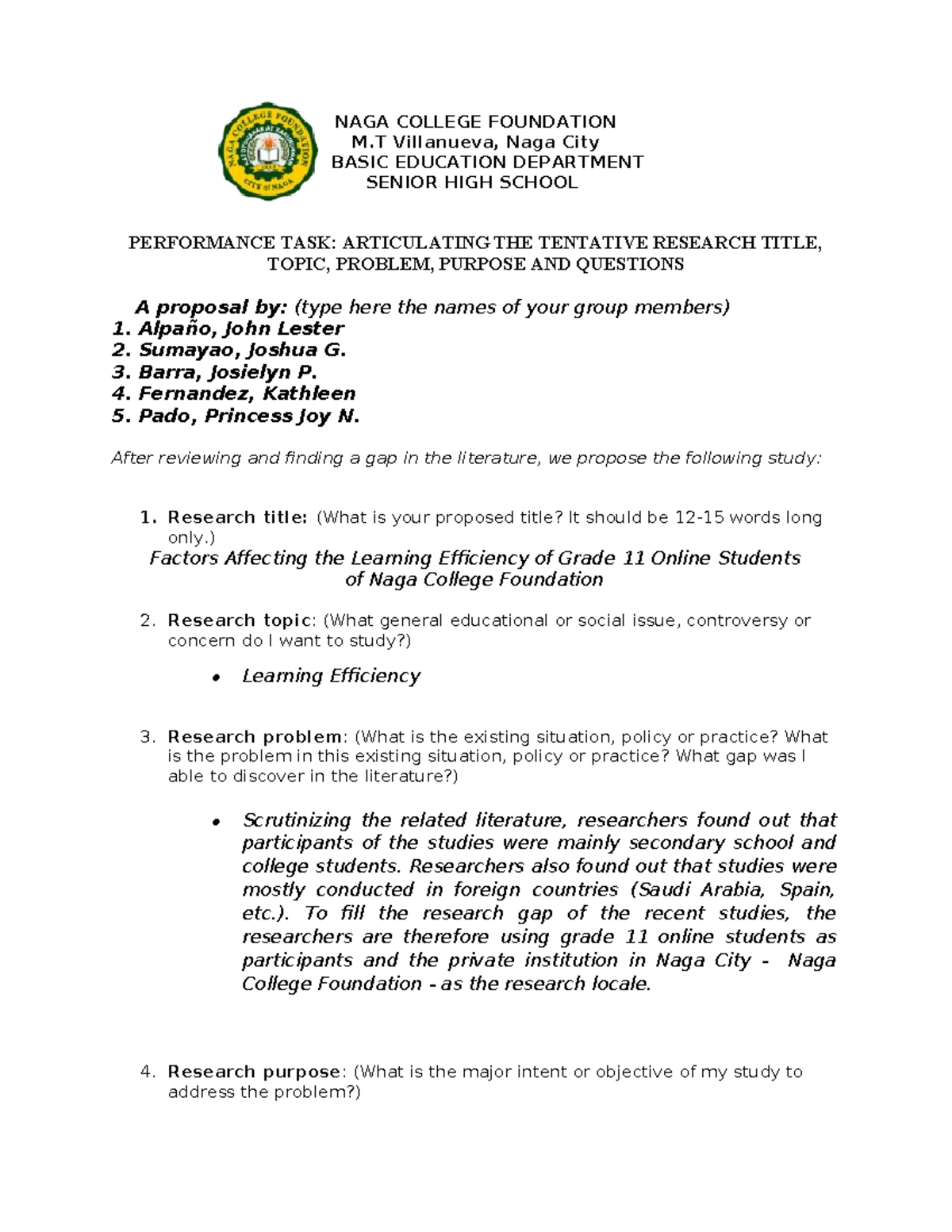 Articulating a Research Topic Problem Purpose Questions - NAGA COLLEGE ...