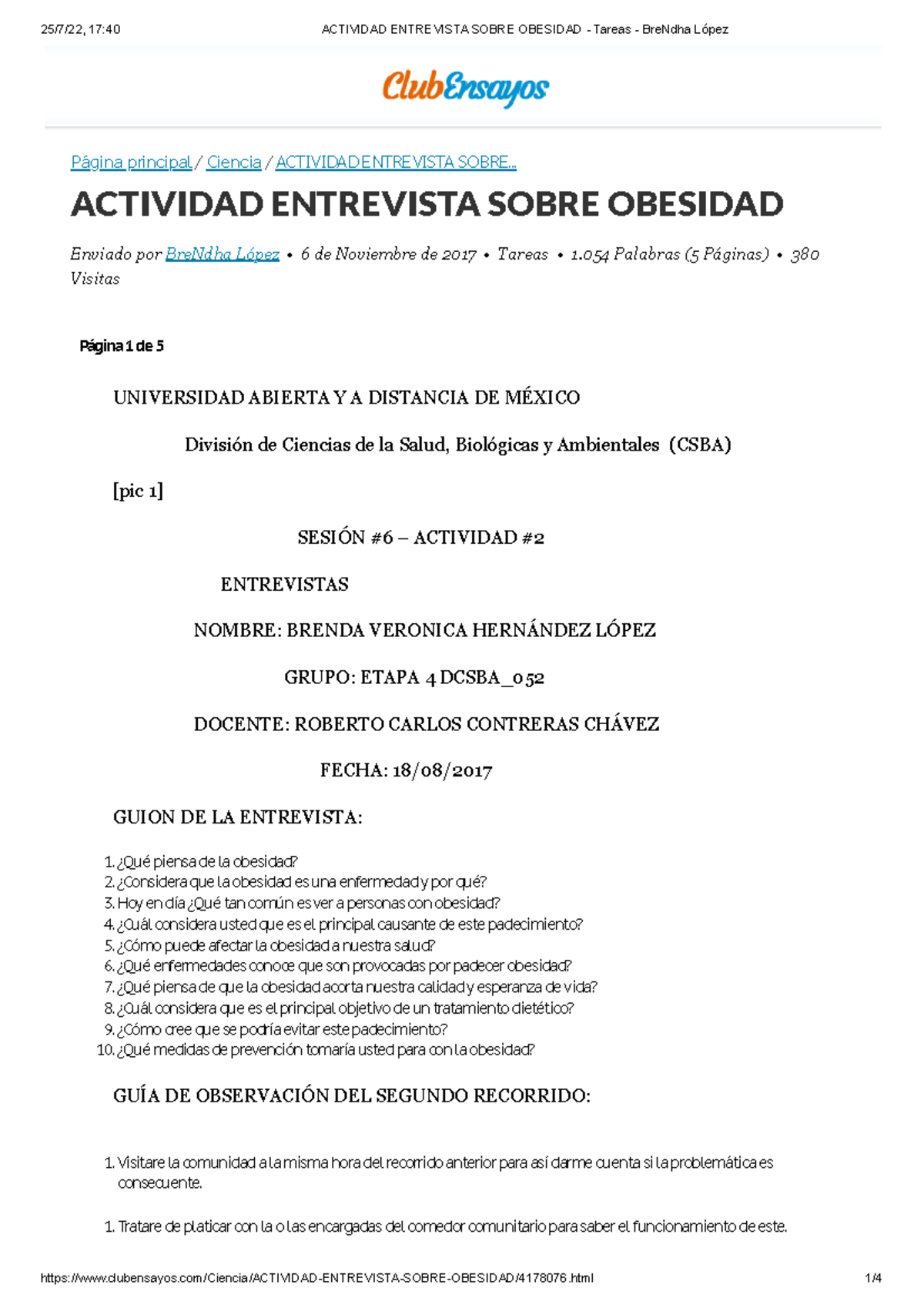 Actividad Entrevista Sobre Obesidad - Tareas - Bre Ndha López ...