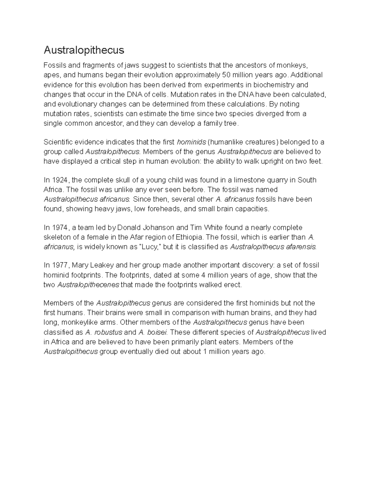 Australopithecus - Fossils and fragments of jaws suggest to scientists ...