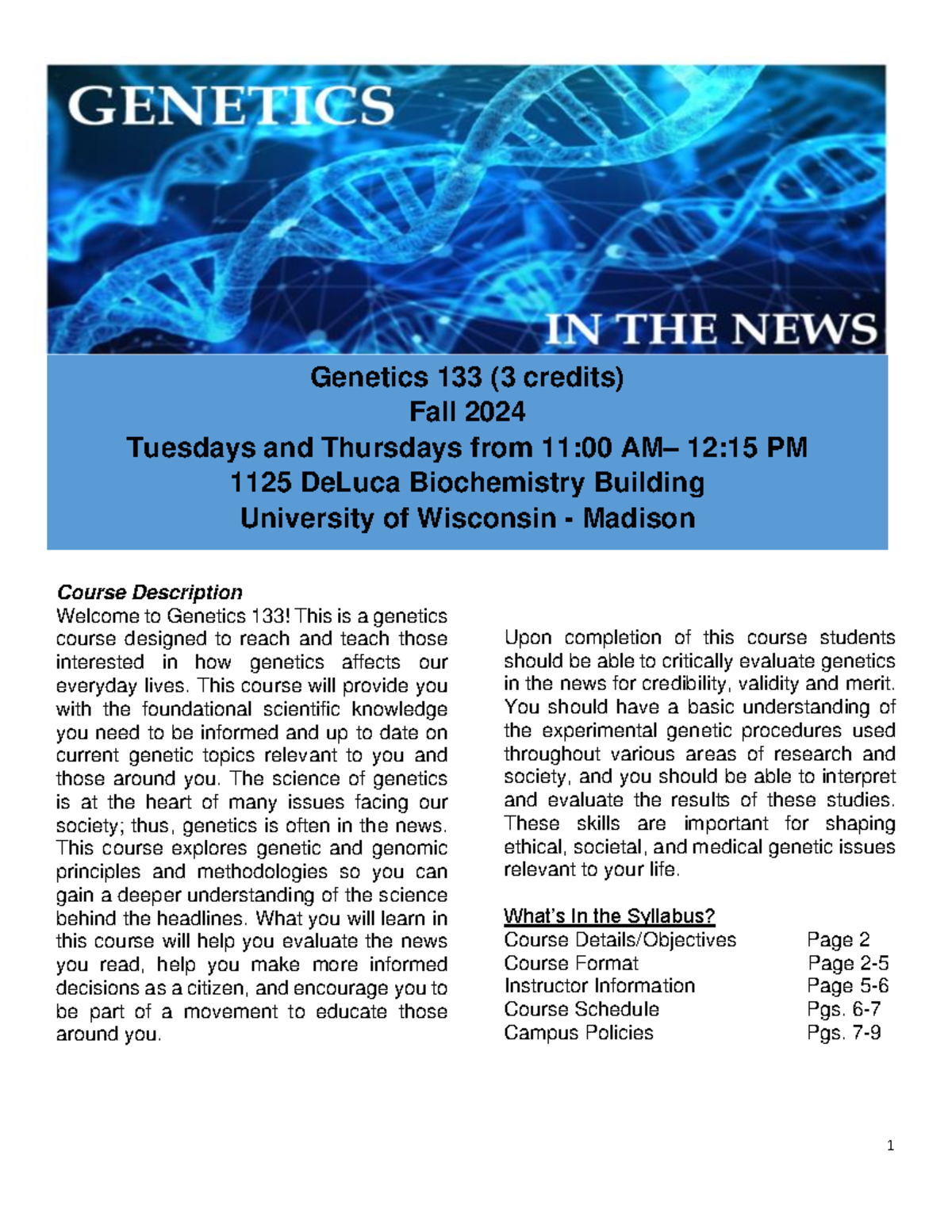 Genetics 133 Fall 2024 Syllabus - Course Description Welcome to ...