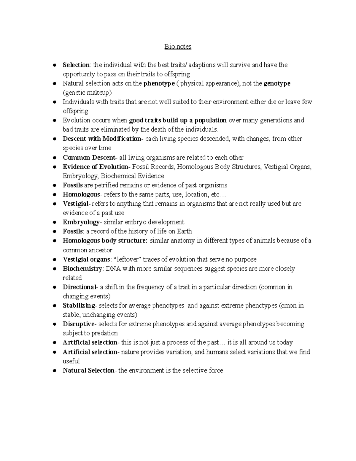 Bio notes - Bio notes Selection: the individual with the best traits ...