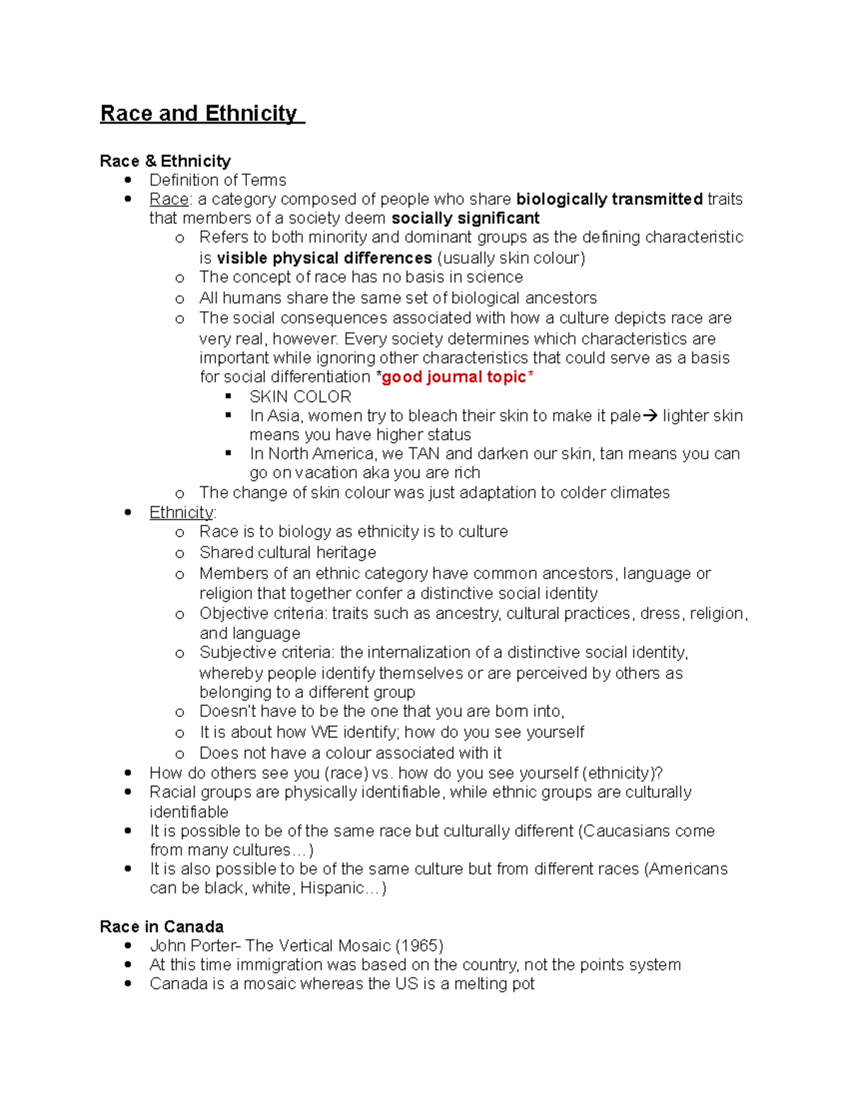 Sociology 1121 Race and Ethnicity Notes - Race and Ethnicity Race ...