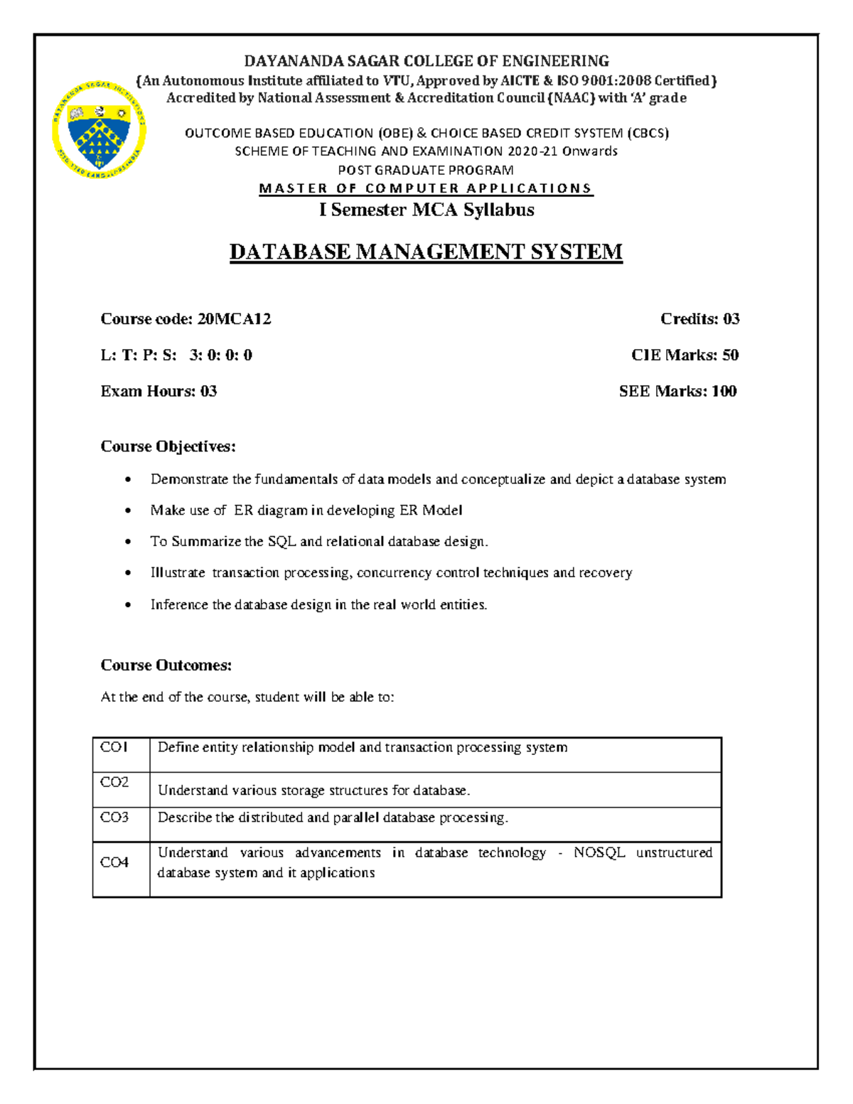 DBMS- Syllabus - Lecture notes dsvf - (An Autonomous Institute ...