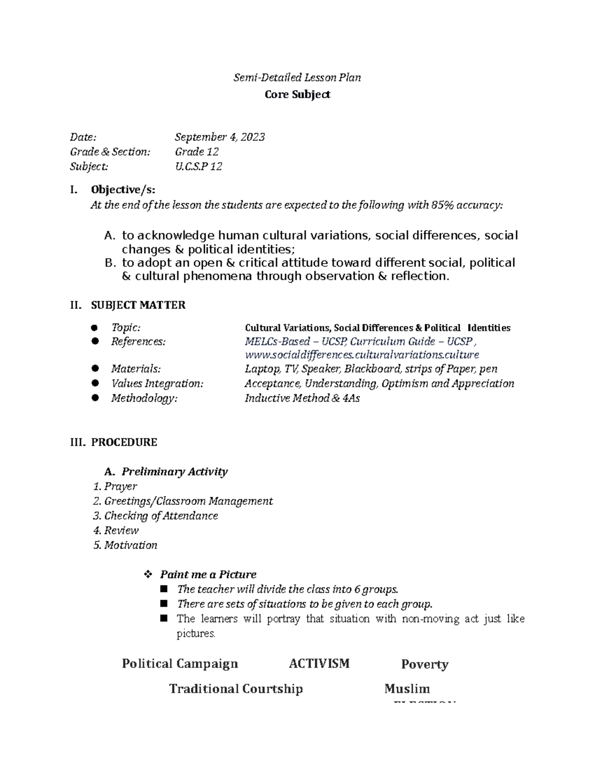 LP 1-cultural variation - 2 - Semi-Detailed Lesson Plan Core Subject ...