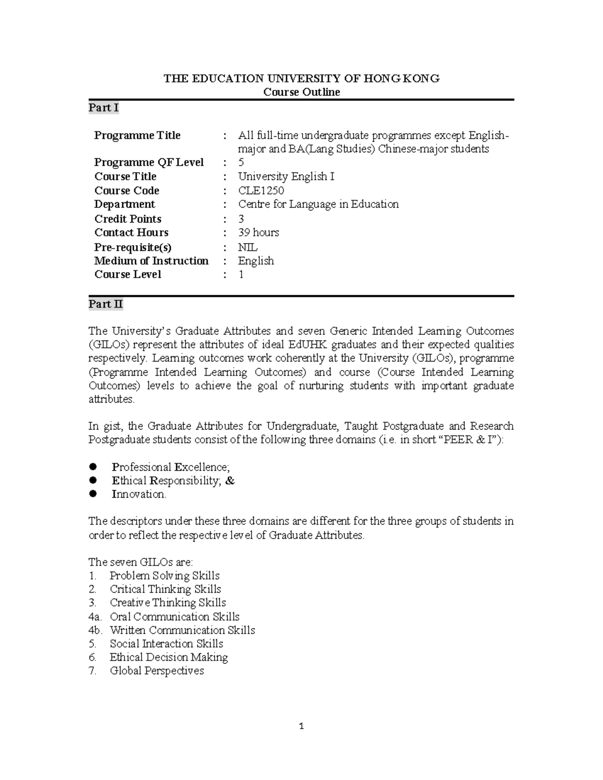 CLE1250-University English I Course Outline - THE EDUCATION UNIVERSITY ...