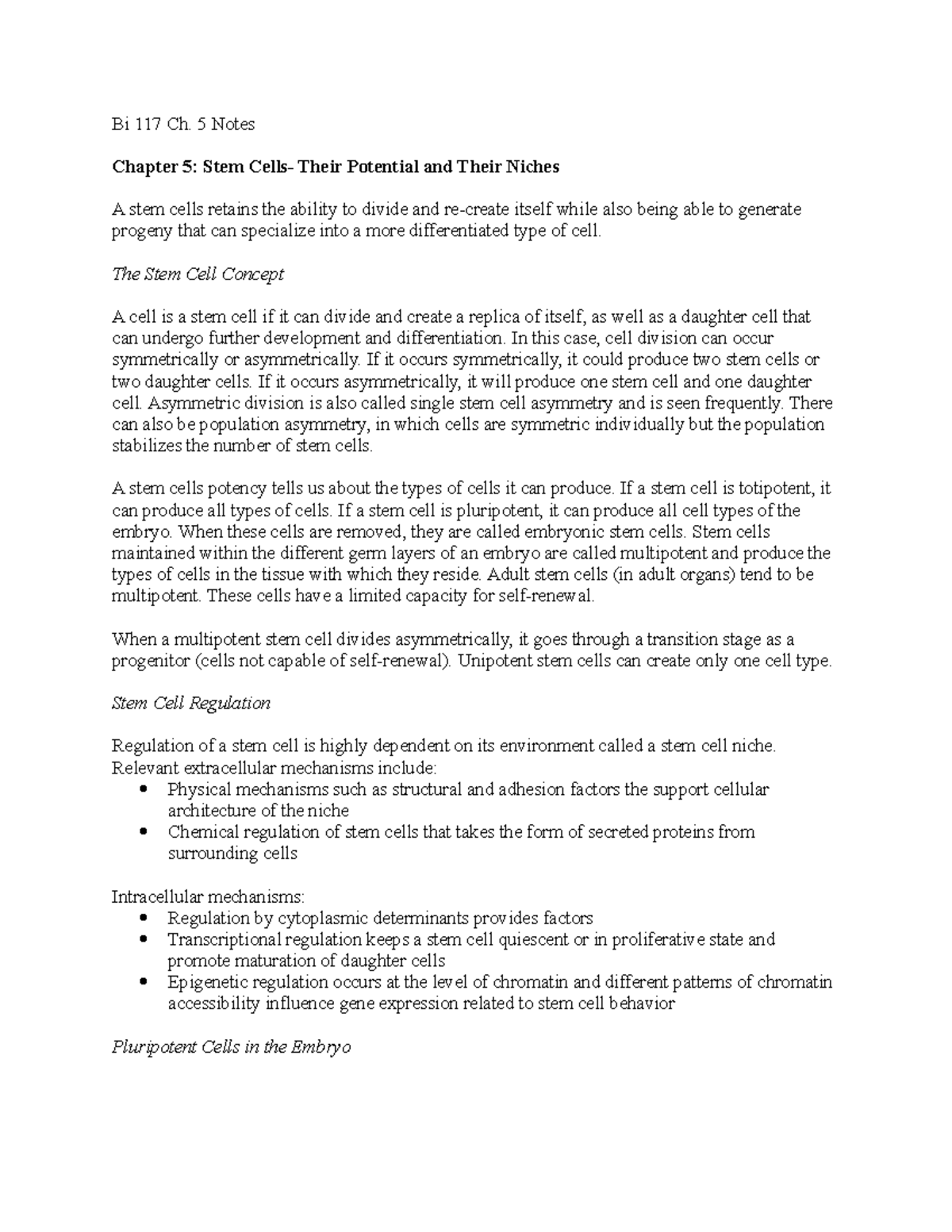 Bi 117 Chapter 5 Textbook Notes - Bi 117 Ch. 5 Notes Chapter 5: Stem ...