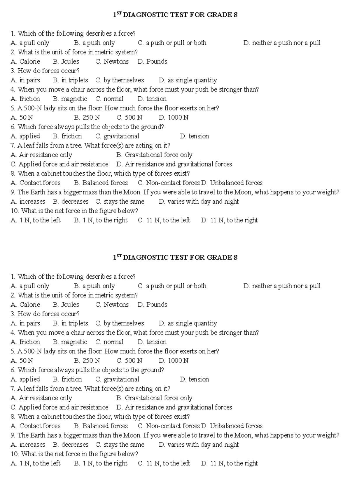 1ST Diagnostic TEST FOR Grade 8 - 1 ST DIAGNOSTIC TEST FOR GRADE 8 ...