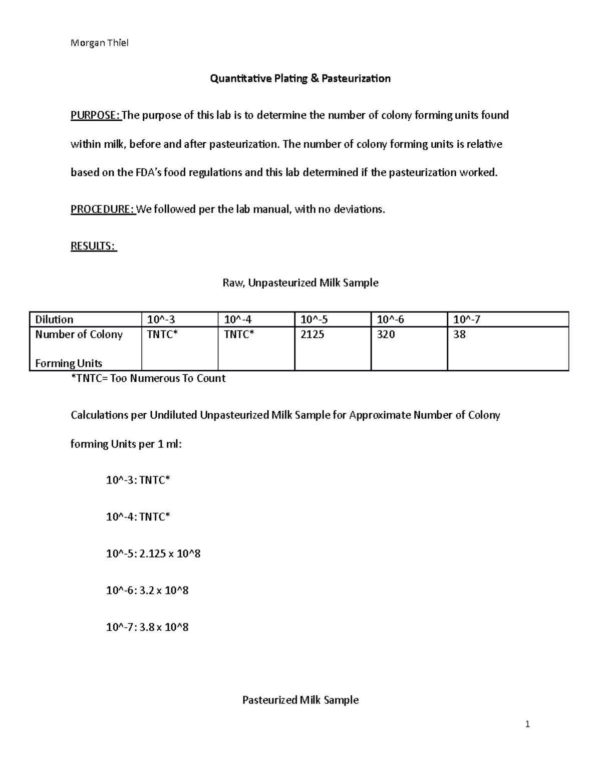 Quantitative Plating&Pasteurization Lab Report - Morgan Thiel ...
