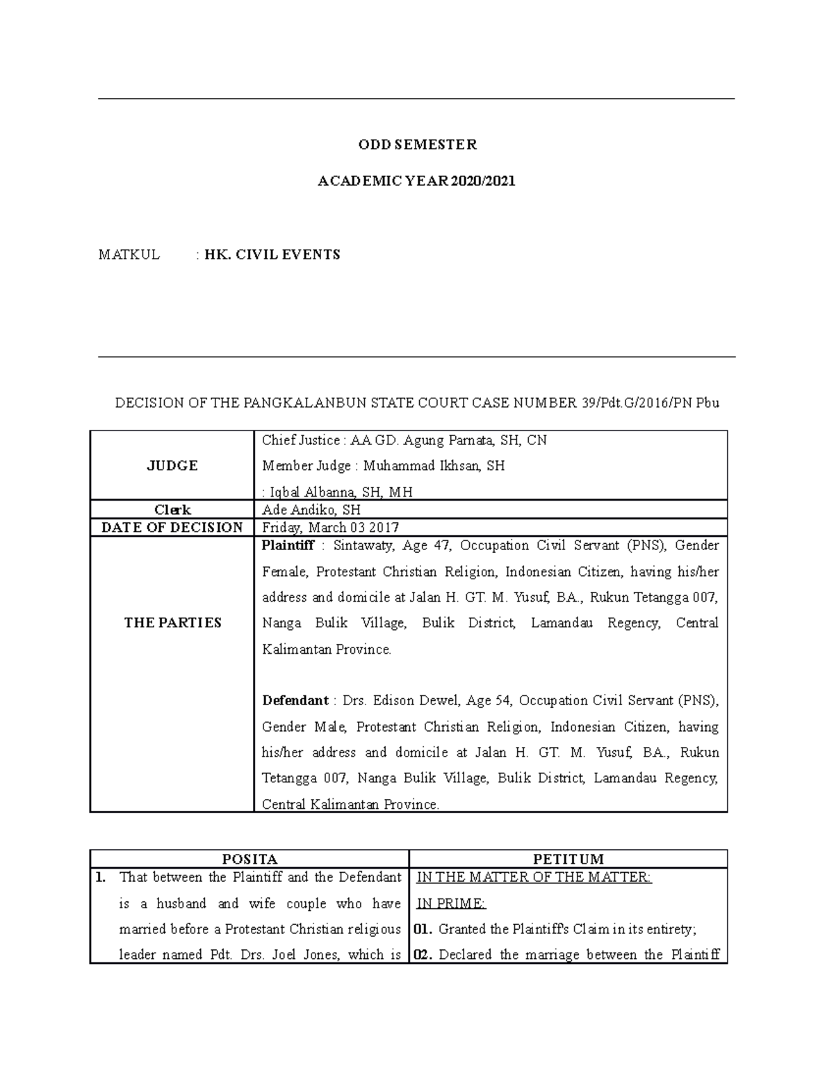 STATE COURT DECISION ANALYSIS (Civil Procedure Law) - ODD SEMESTER ...