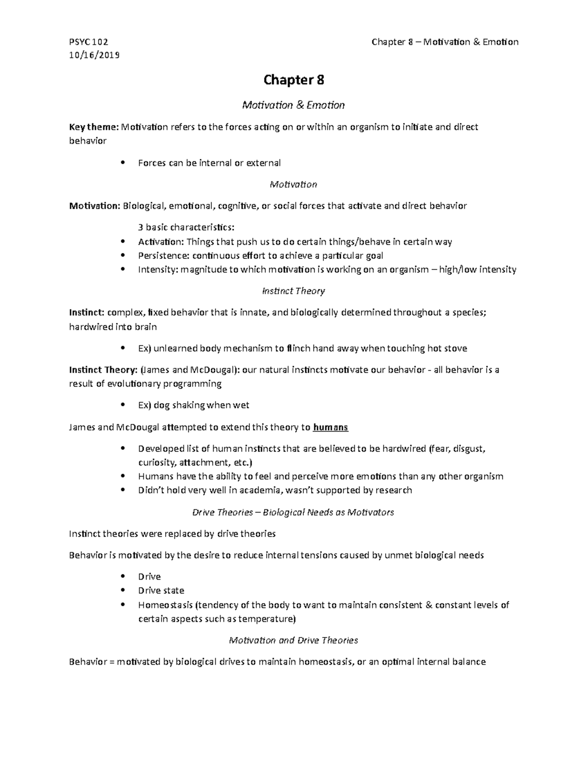 Chapter 8 Motivation and Emotion - 10/16/ Chapter 8 Motivation ...