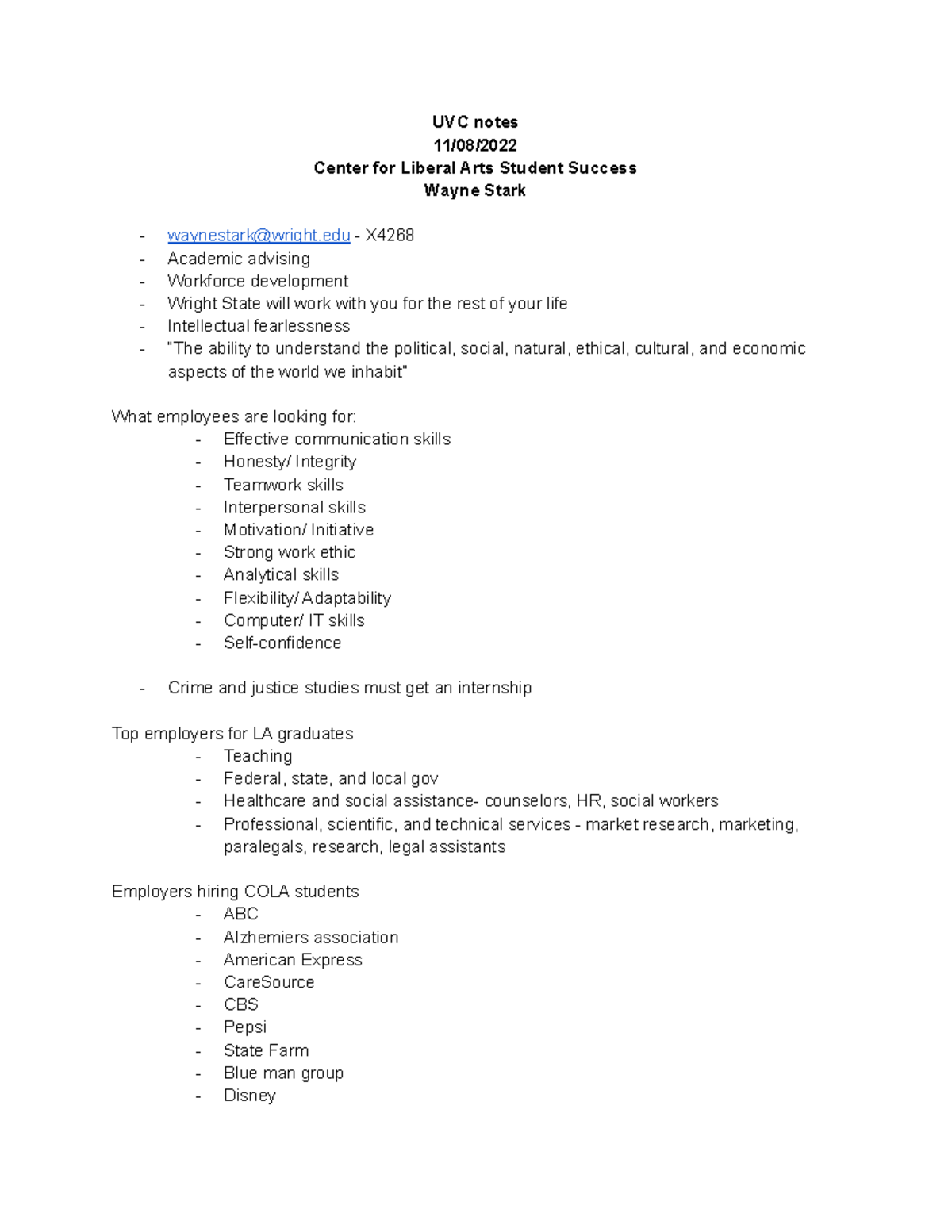 UVC notes 11 8 22 - UVC notes 11/08/ Center for Liberal Arts Student ...