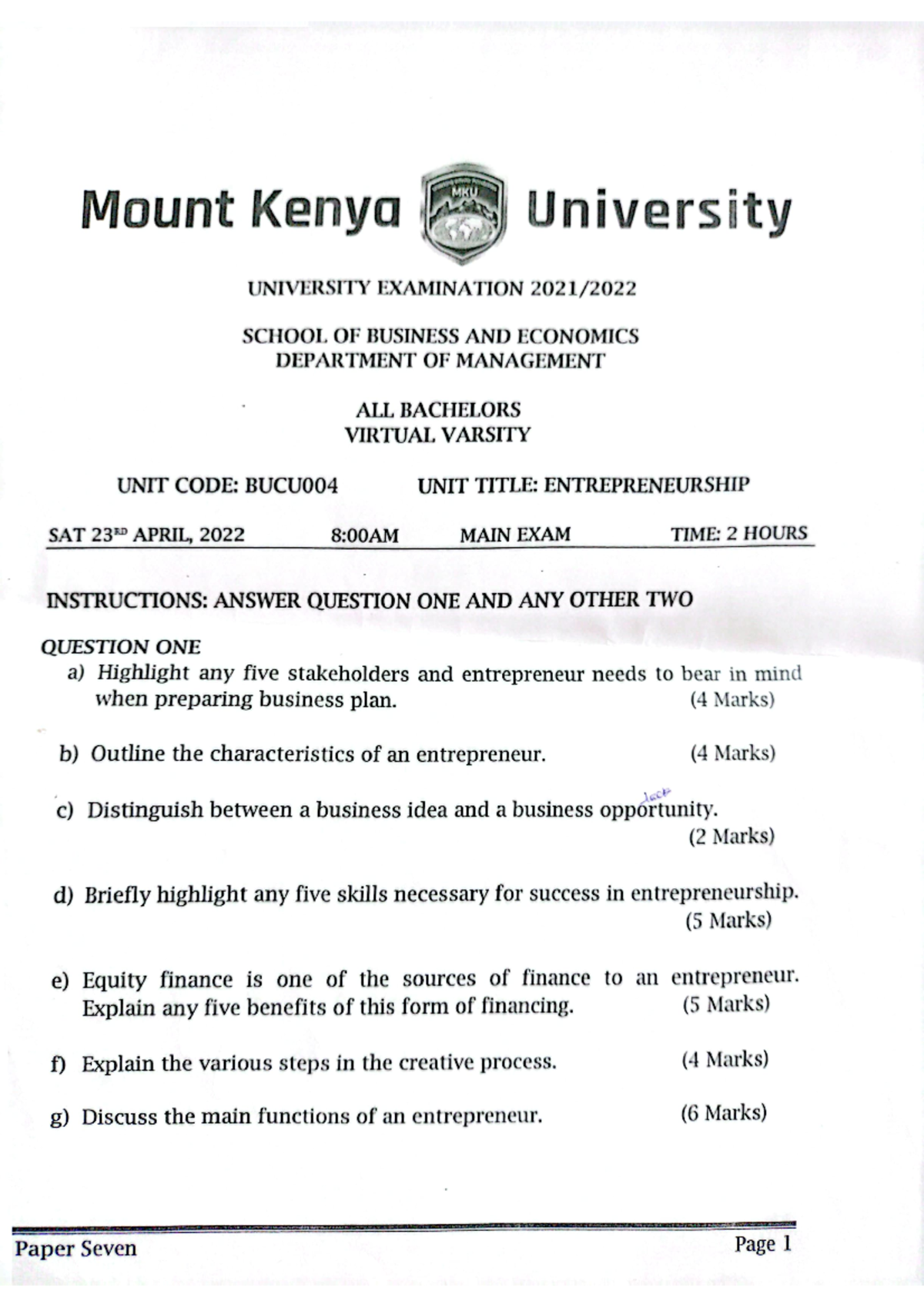 Mku entrepreneurship - Past paper - Bachelors of Science in Information Technology - Studocu