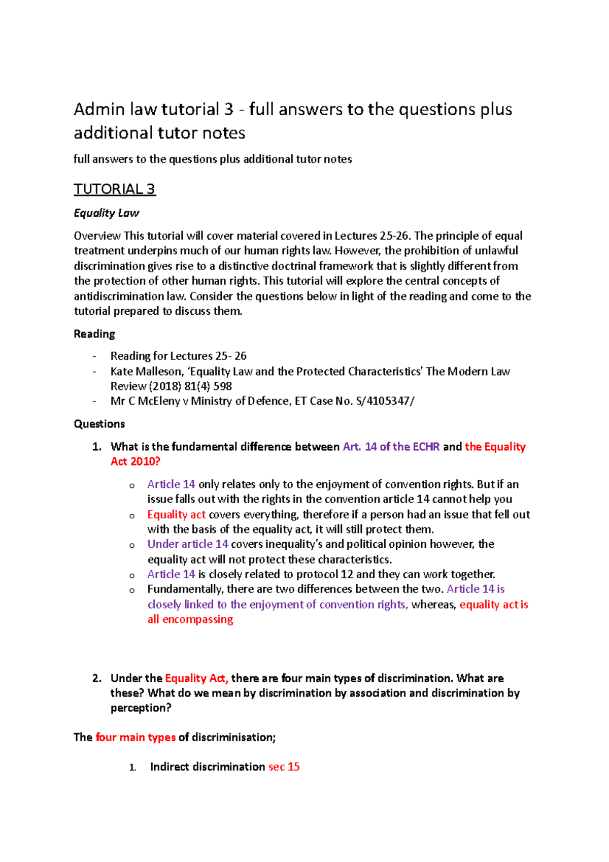 Admin law tutorial 3 - The principle of equal treatment underpins much ...