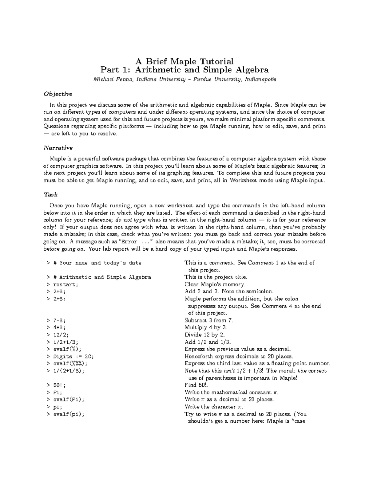 Computer Project 1 - A Brief Maple Tutorial Part 1: Arithmetic and ...