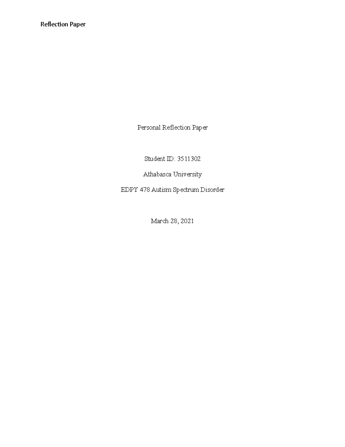 Personal Reflection Paper - Personal Reflection Paper Khadija El Smayli ...