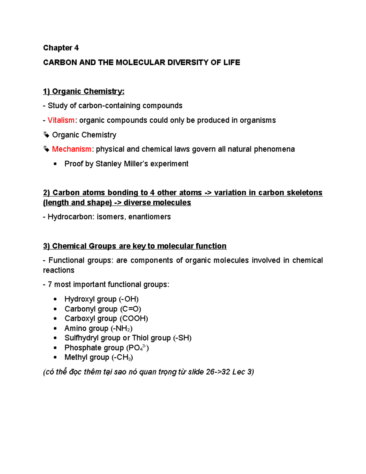 Biochemistry 1 summary - Chapter 4 CARBON AND THE MOLECULAR DIVERSITY ...