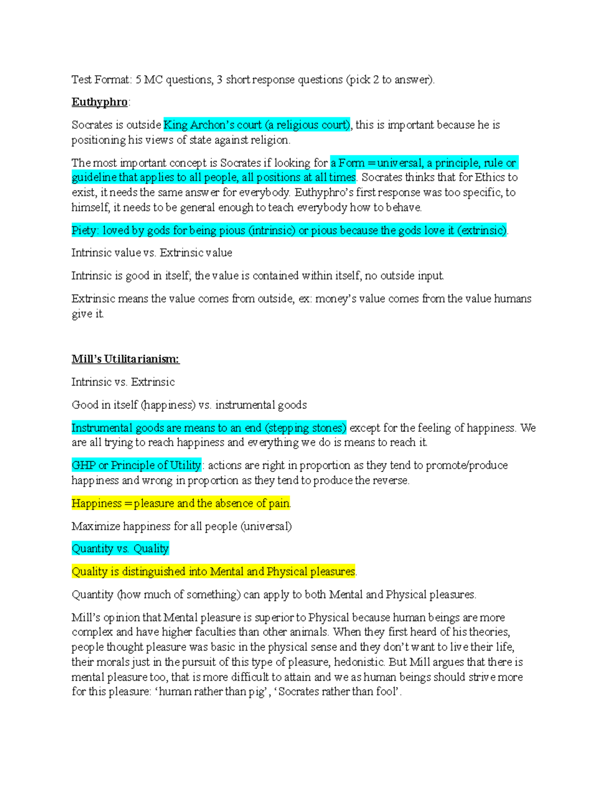 Intro to Ethics Midterm Review - Test Format: 5 MC questions, 3 short ...