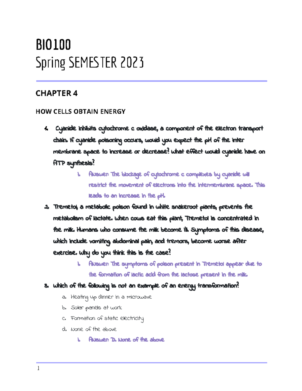 Biology CH4 - BIO Spring SEMTER 2023 CHAPTER 4 HOW CELLS OBTAIN ENERGY ...