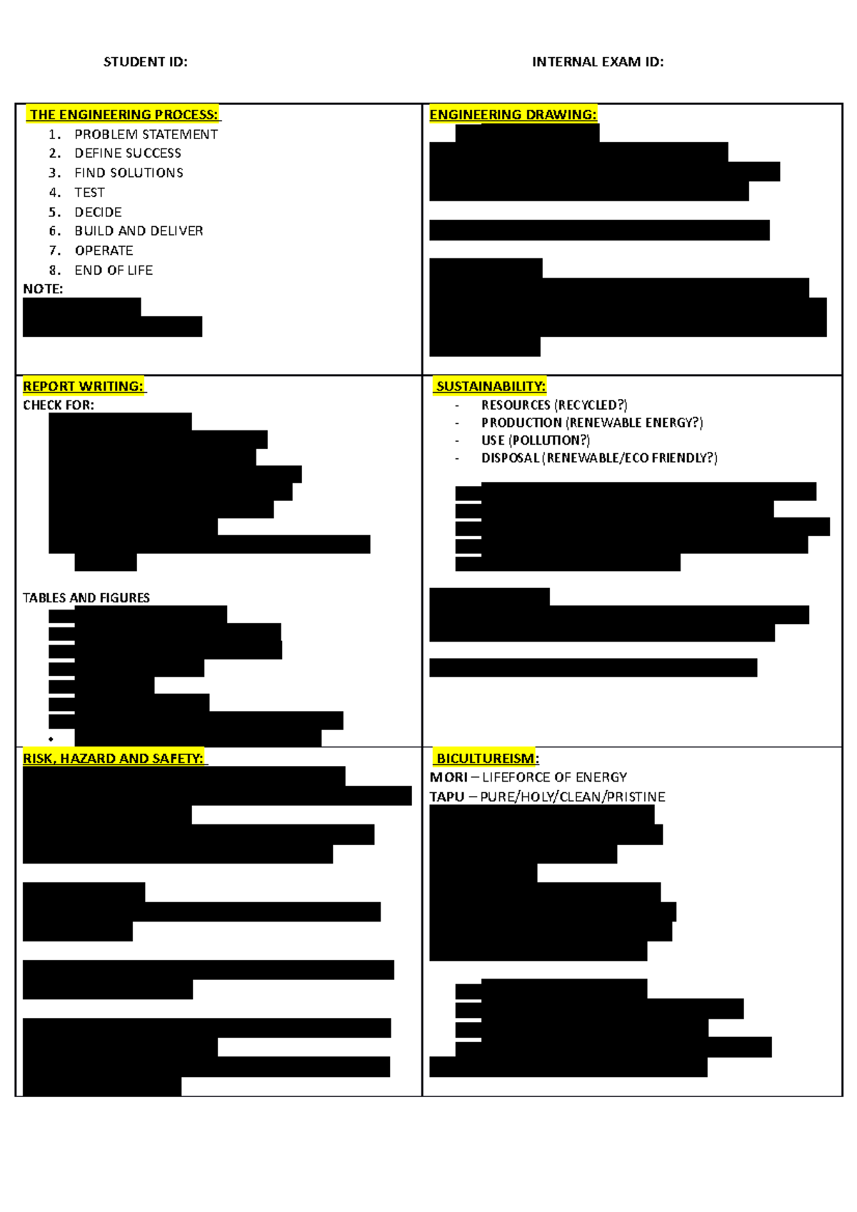 ENGR101 NOTE Sheet [ Redacted] - STUDENT ID: INTERNAL EXAM ID: THE ...
