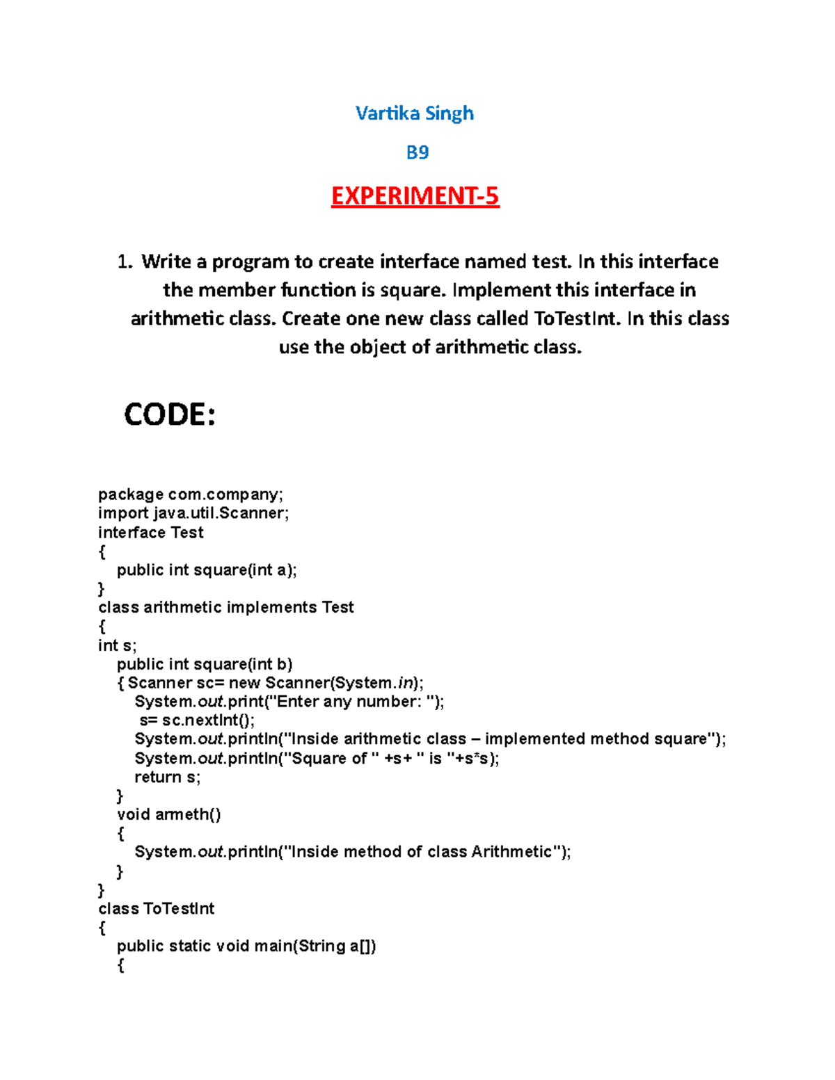 lab 5 experiment - Vartika Singh B EXPERIMENT- 1. Write a program to ...